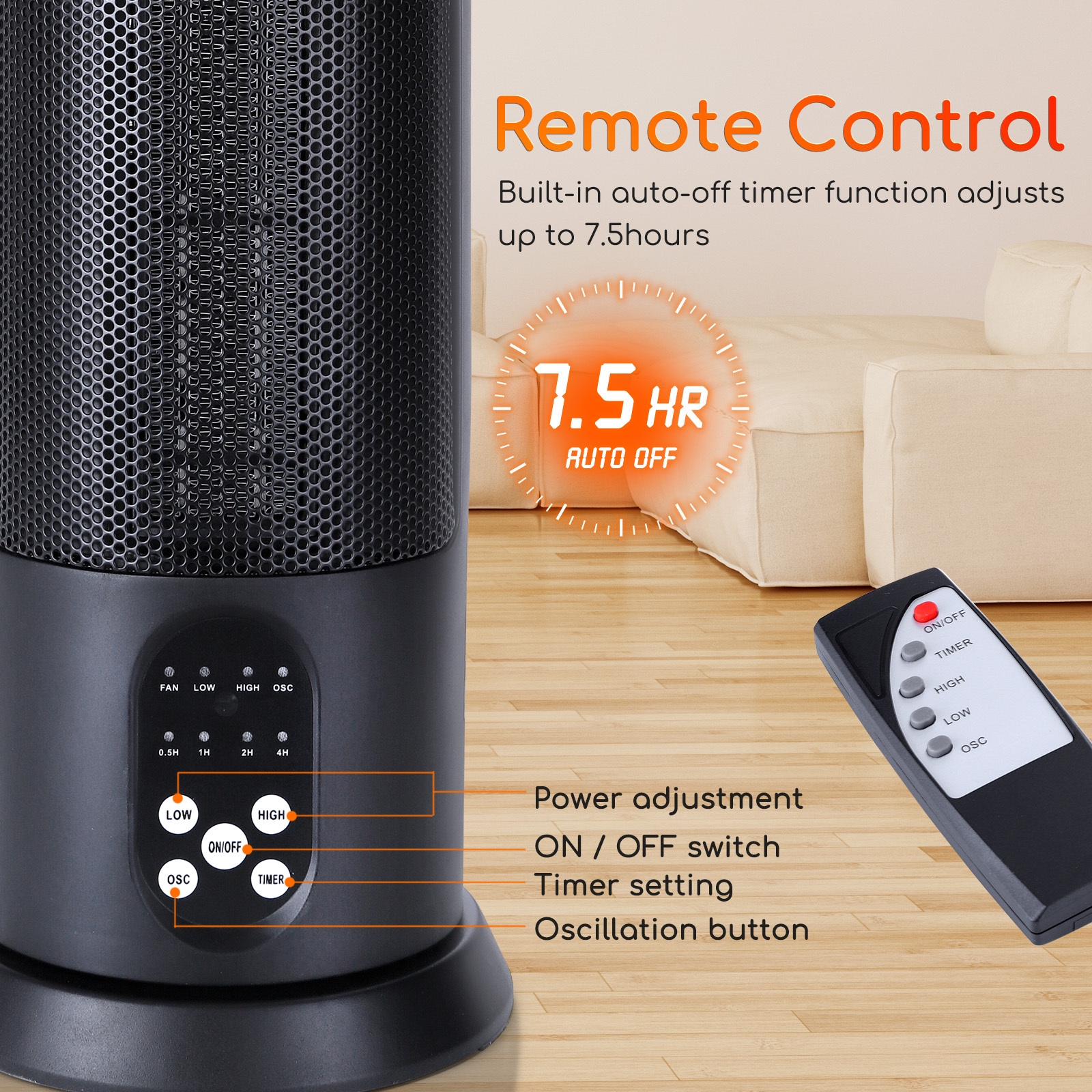 Aigostar - Електрически нагревател 1500W/230V + дистанционно управление ...