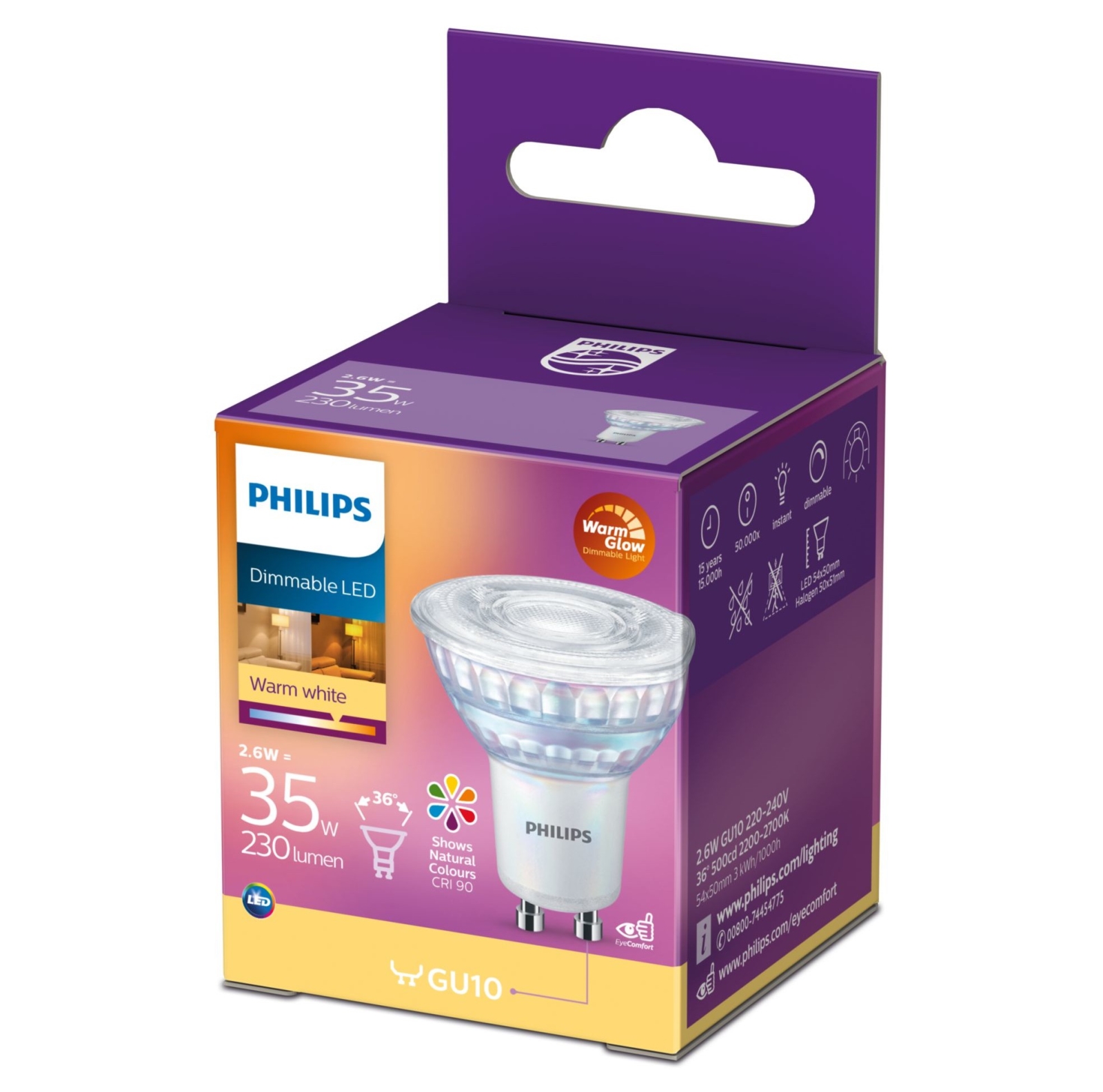 LED Димируема крушка Philips Warm Glow GU10/2,6W/230V 2200-2700K CRI 90 ...