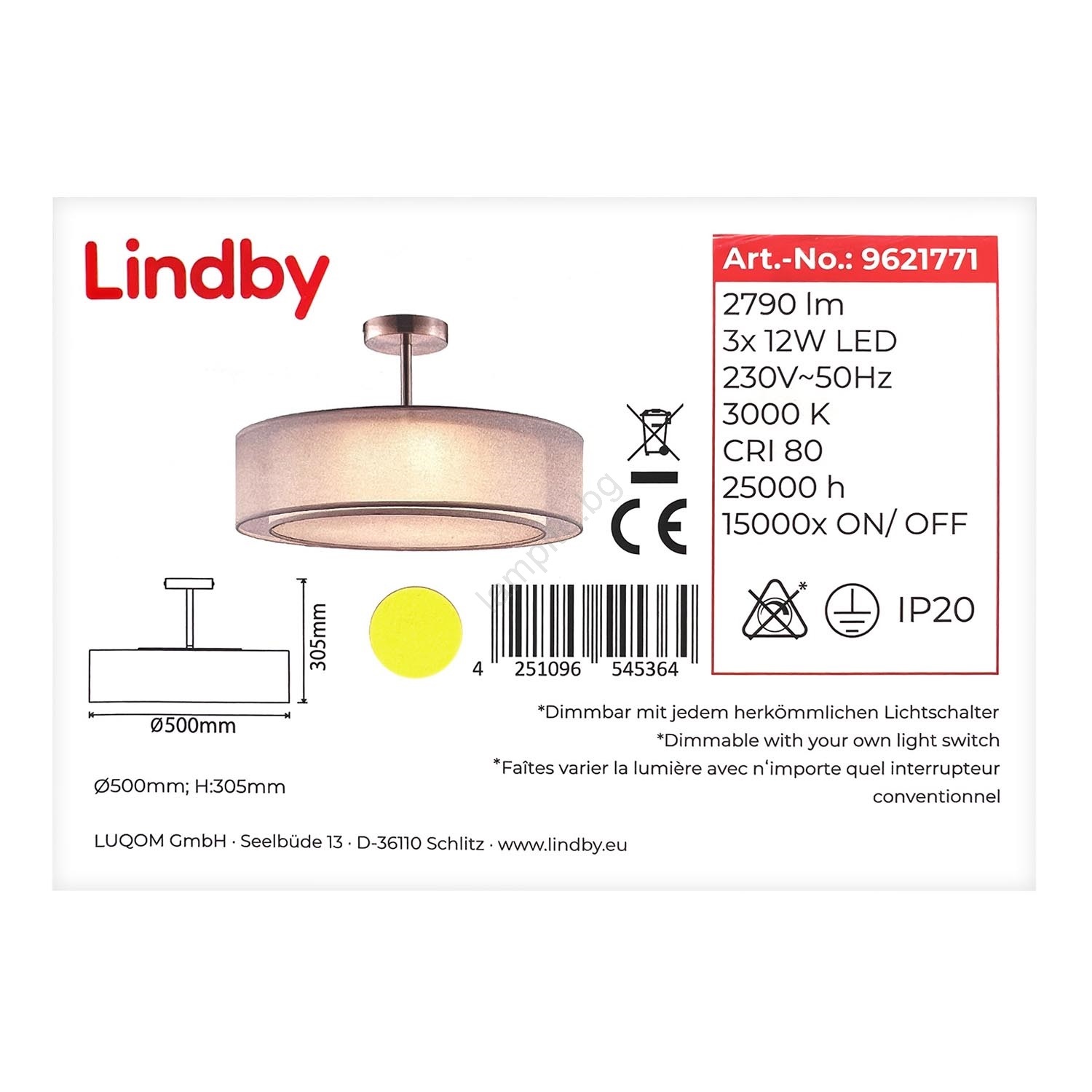 Lindby - LED Димируем пендел PIKKA 3xLED/12W/230V | Lampite