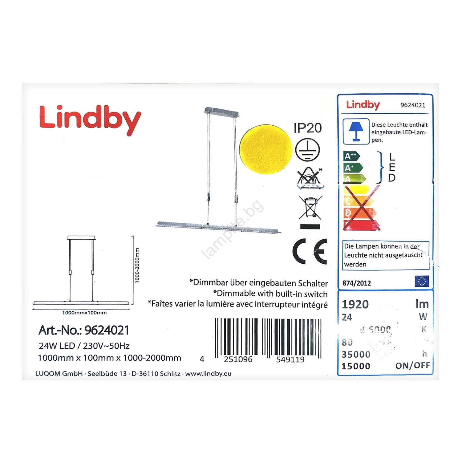 Lindby - LED Димируем пендел SLADJA LED/24W/230V | Lampite