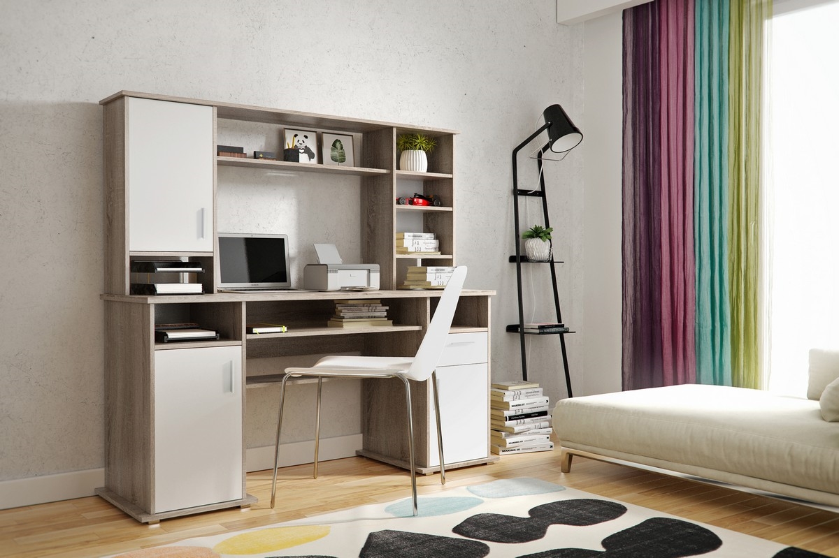 Писмено бюро с рафт ELIAN, дъб сонома – сиво/бяло | Lampite